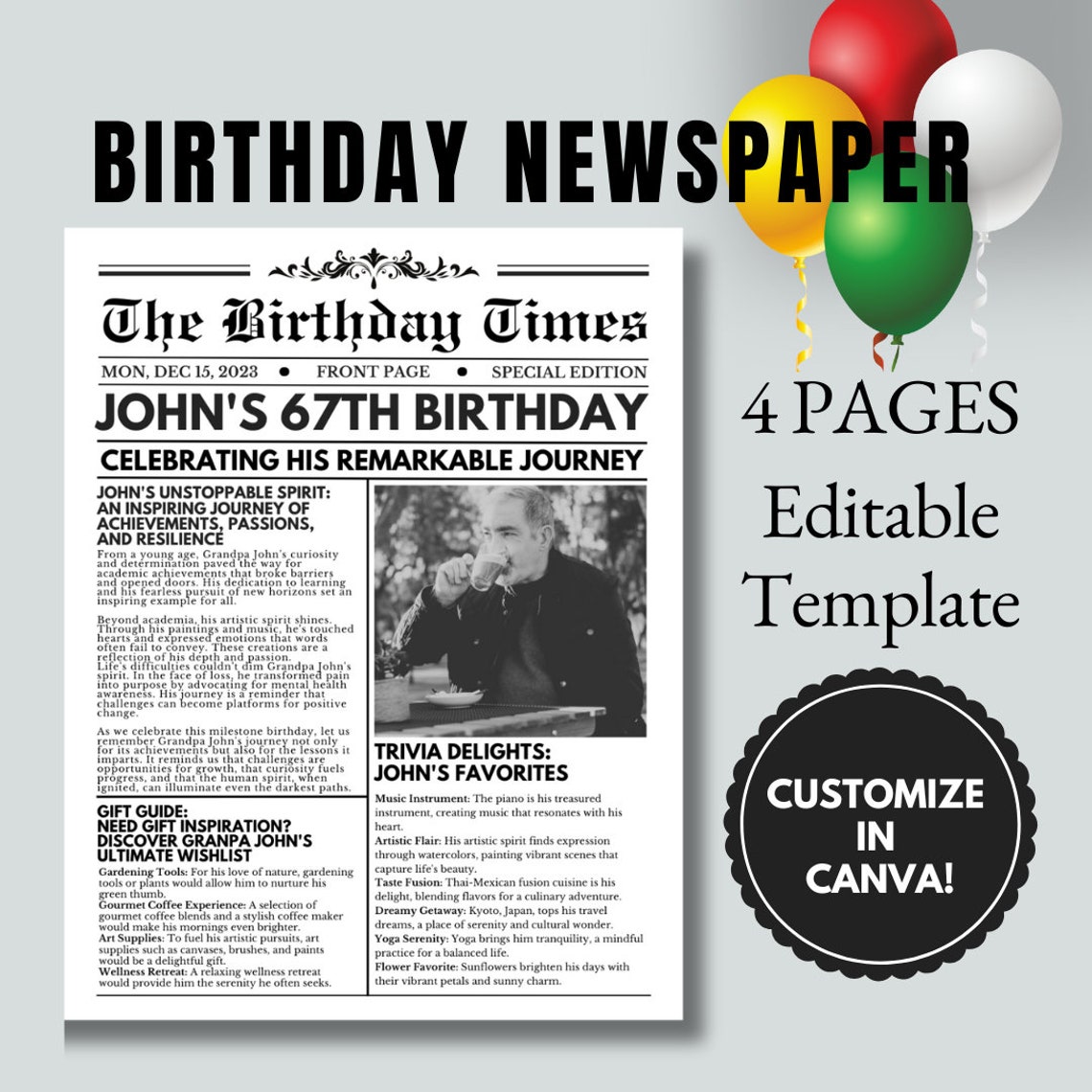 Birthday Newspaper Canva Template Customizable Newspaper Poster ...