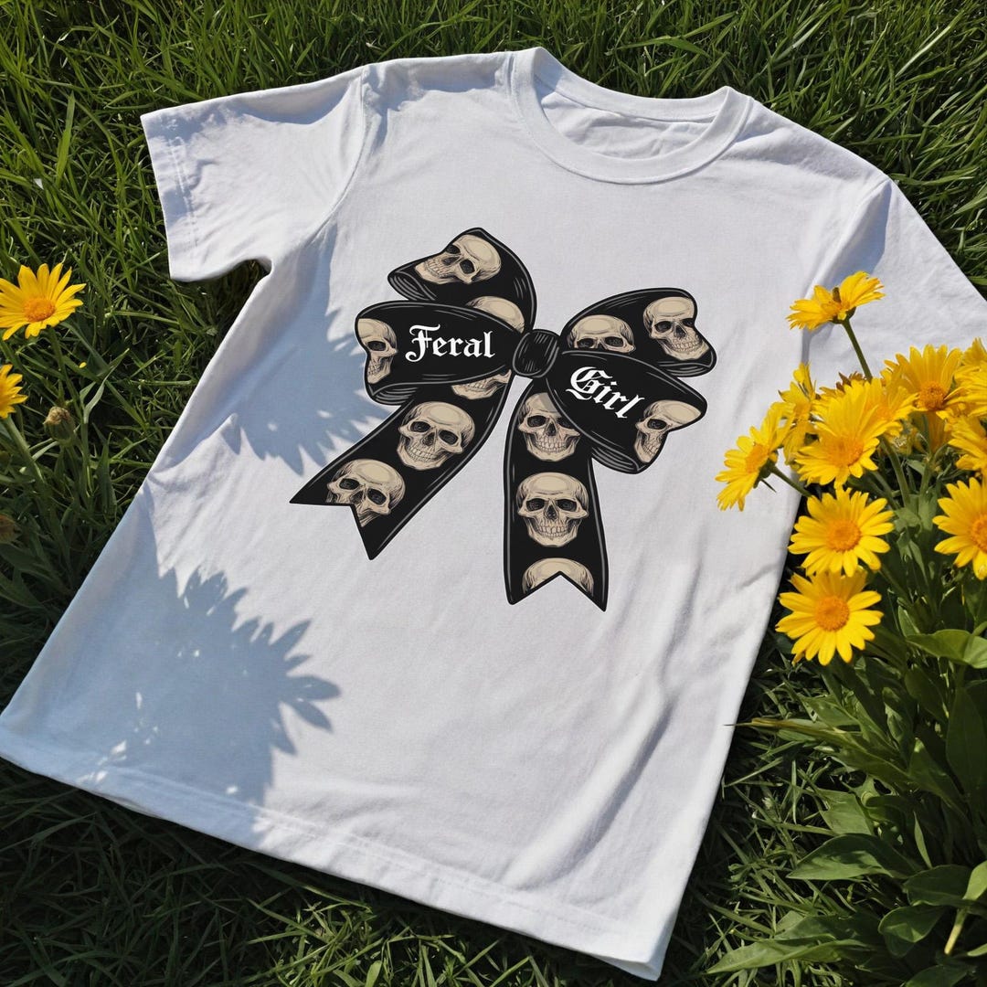 Feral Girl Shirt Black Bow Skull Goth T-shirt Feral Era Sweatshirt Sarcastic Adult Humor Tee ...