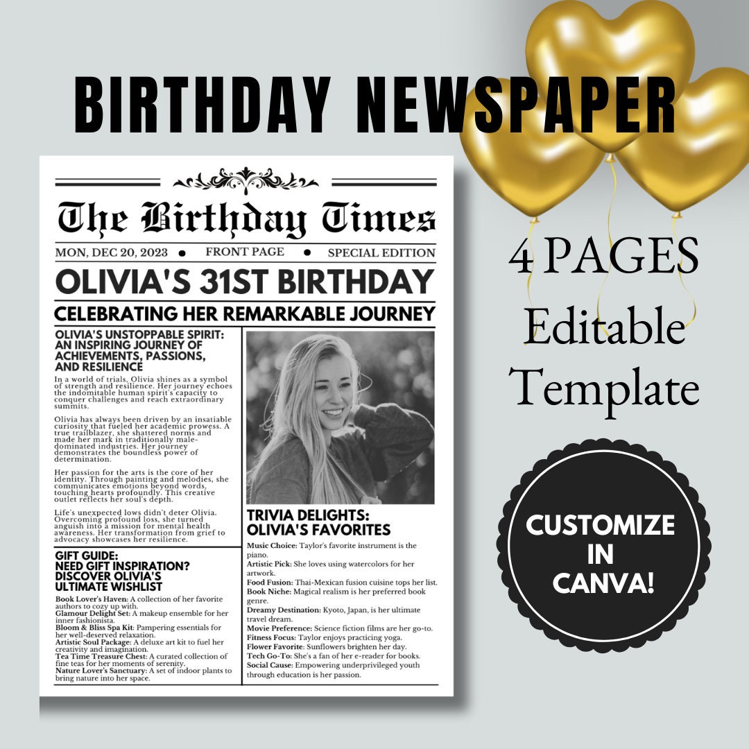 Personalized Birthday Newspaper Announcement Book Newspaper Headlines ...