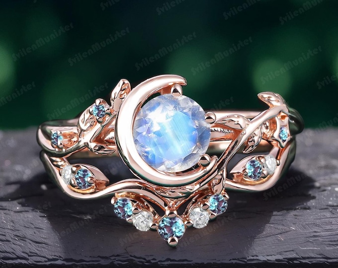 Natural Moonstone Engagement Ring Bridal Sets Art Deco Ring Moon Star ...