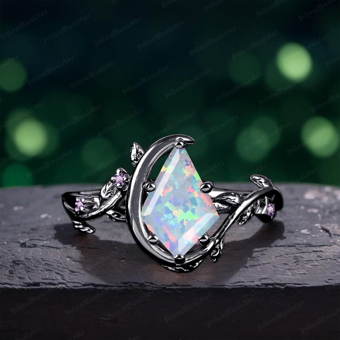 Gothic Black Gold Kite Cut Opal Engagement Ring Moon Star Vintage ...