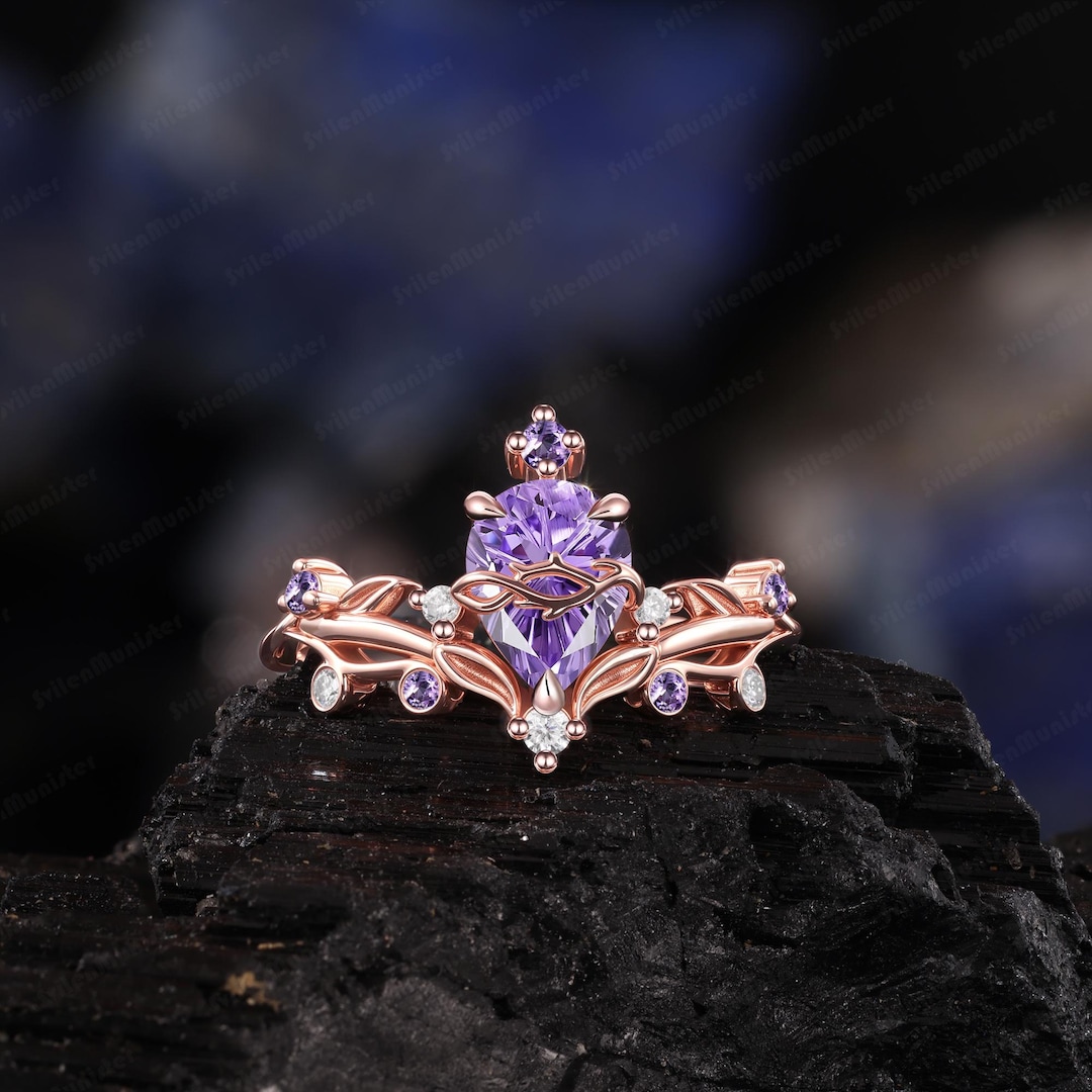 Firework Cut Pear Amethyst Engagement Ring Rose Gold Promise Ring Crown ...