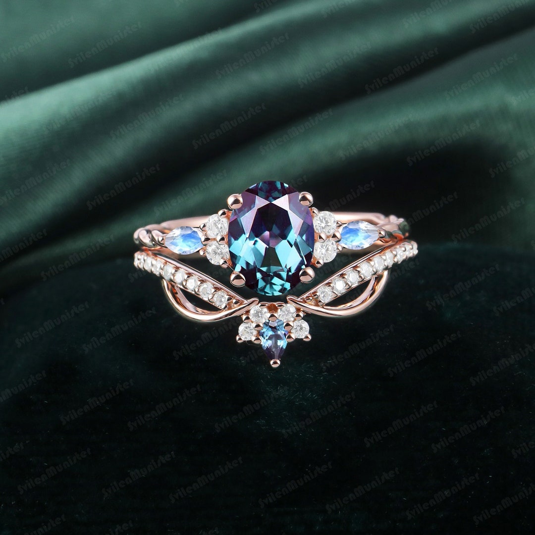Alexandrite Engagement Ring Bridal Sets Art Deco Ring Rose Gold Nature ...