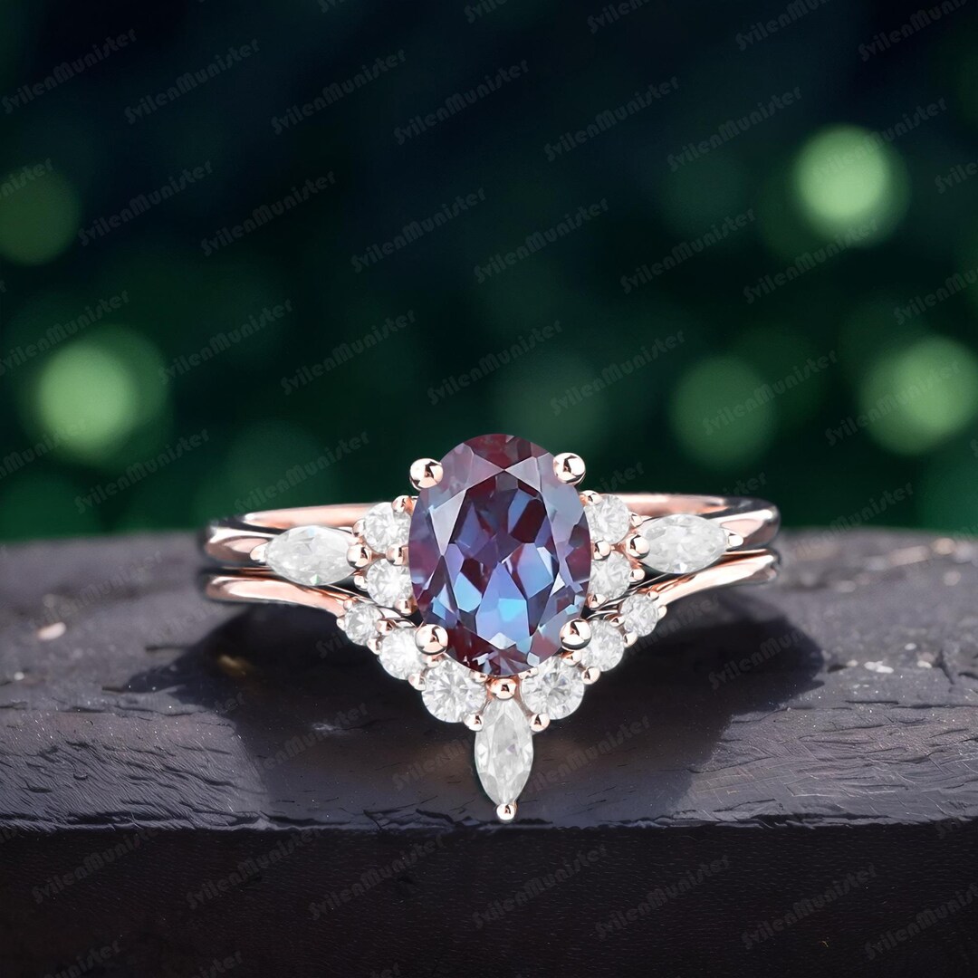 Vintage Oval Alexandrite Engagement Ring Sets Bridal Sets Rose Gold Art ...