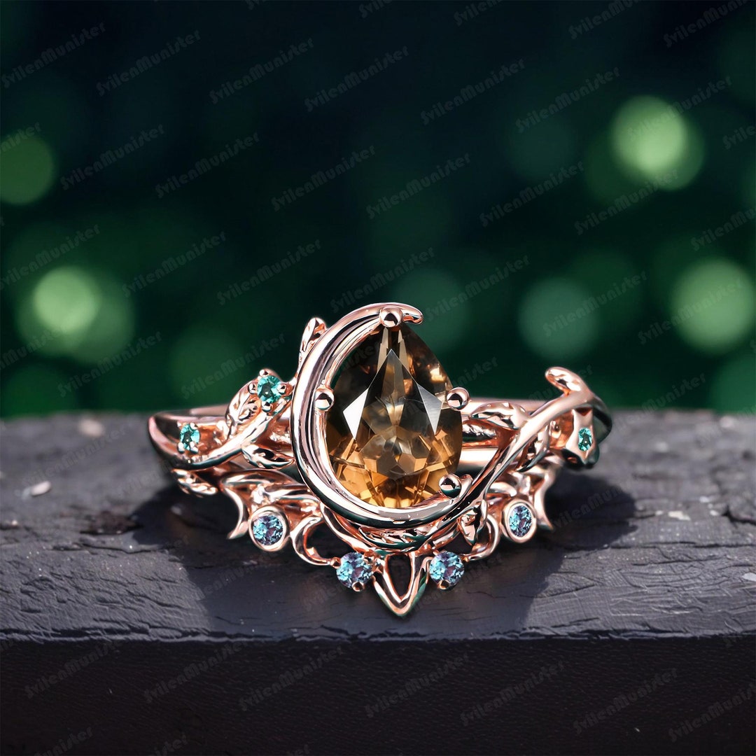 Pear Cut Smoky Quartz Art Deco Ring Engagement Ring Sets Bridal Sets ...