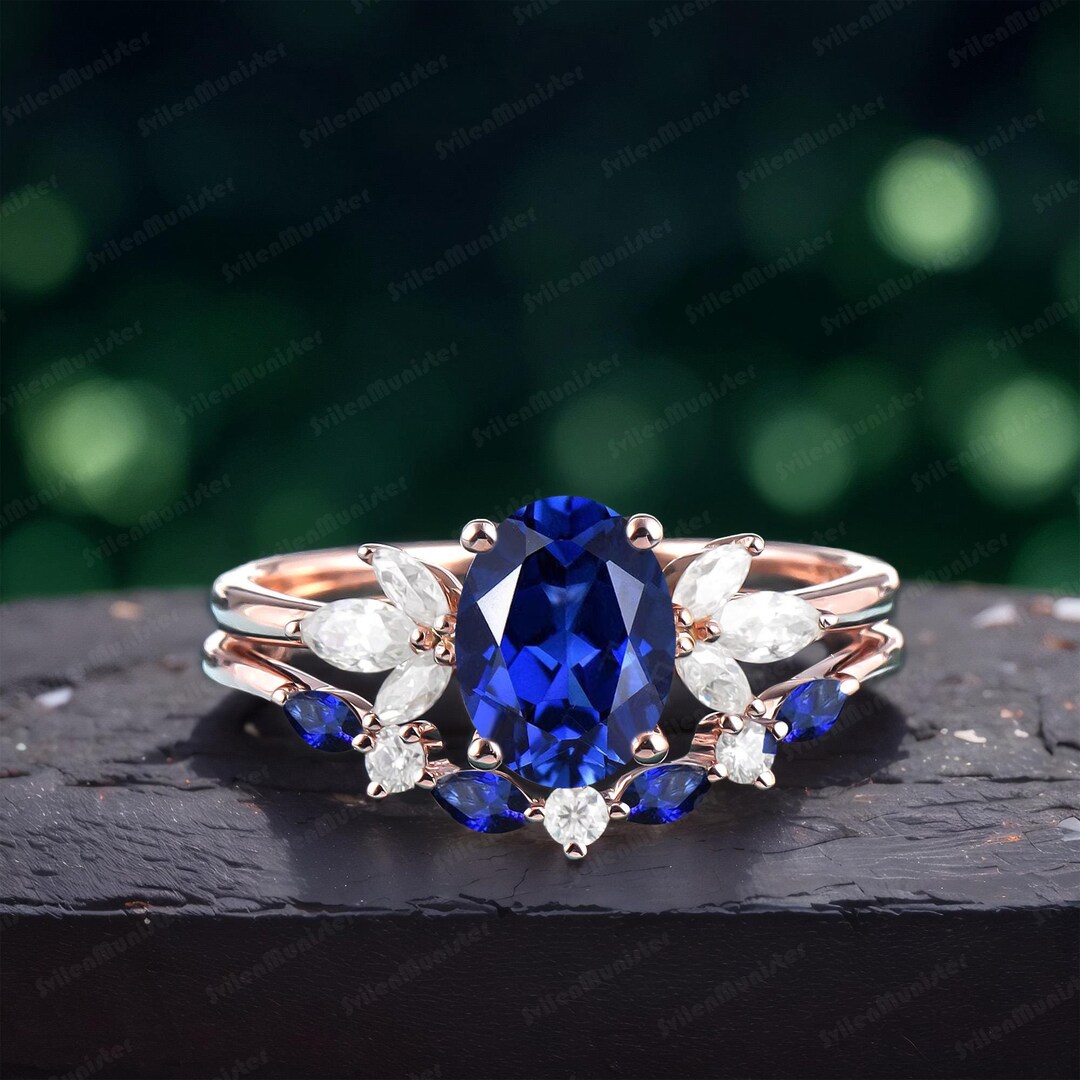 Oval Sapphire Engagement Ring Set Vintage Unique Promise Ring Blue ...