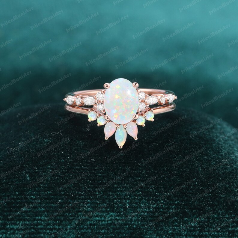 Vintage Oval Natural Opal Engagement Ring Set Wedding Ring Set - Etsy