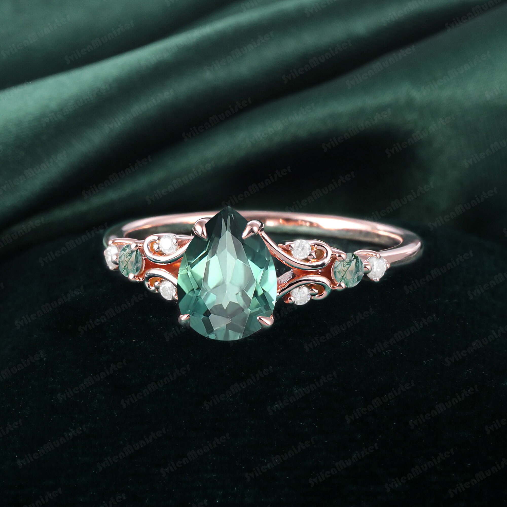 Pear Green Sapphire Engagement Ring Sets Bridal Sets Rose Gold Art Deco ...