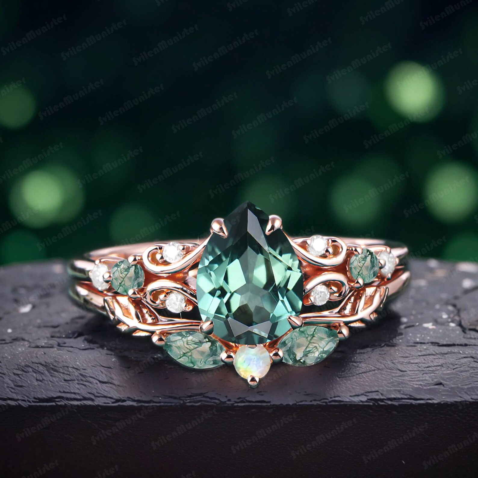 Pear Green Sapphire Engagement Ring Sets Bridal Sets Rose Gold Art Deco ...