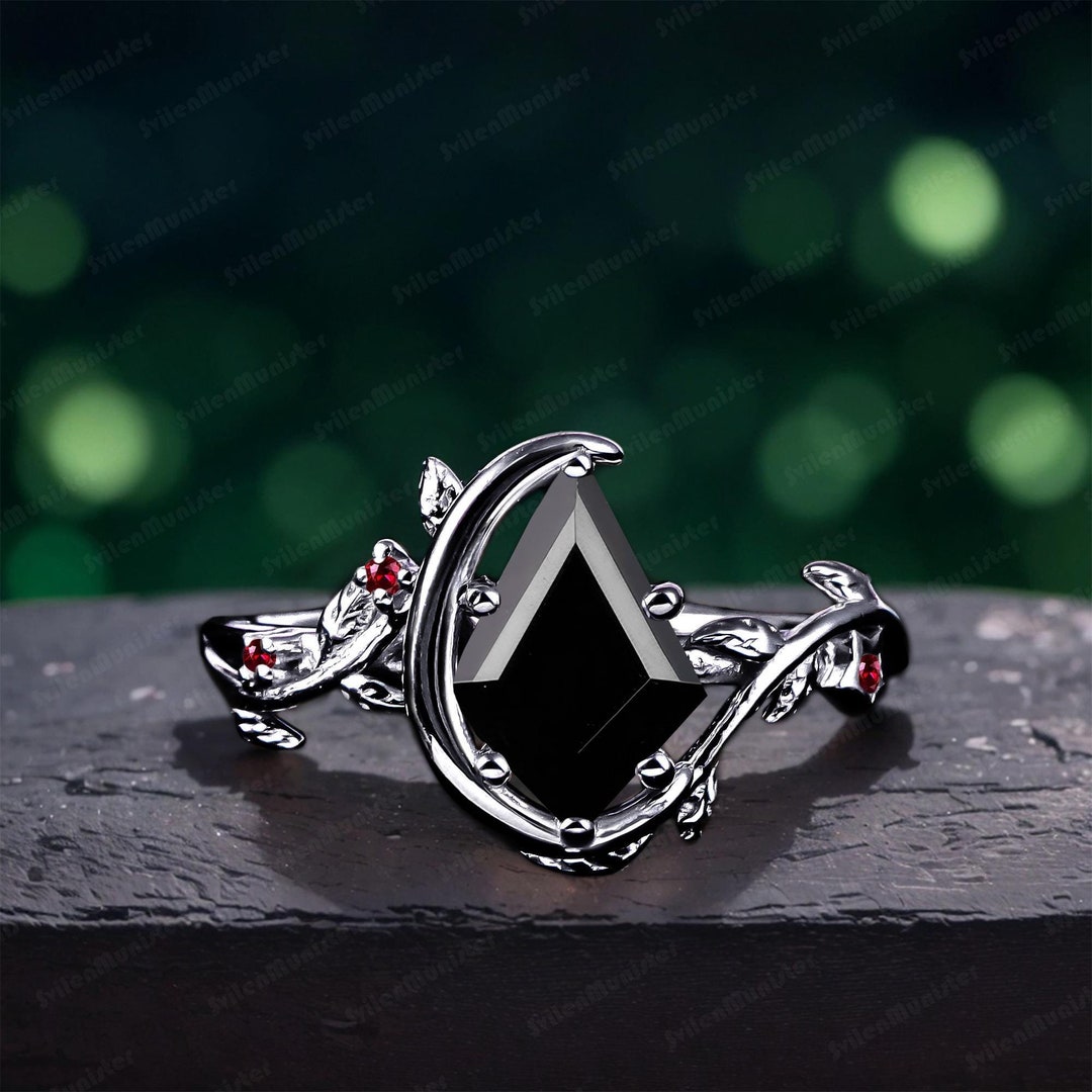 Gothic Black Gold Kite Cut Black Onyx Engagement Ring Moon Star Bridal ...