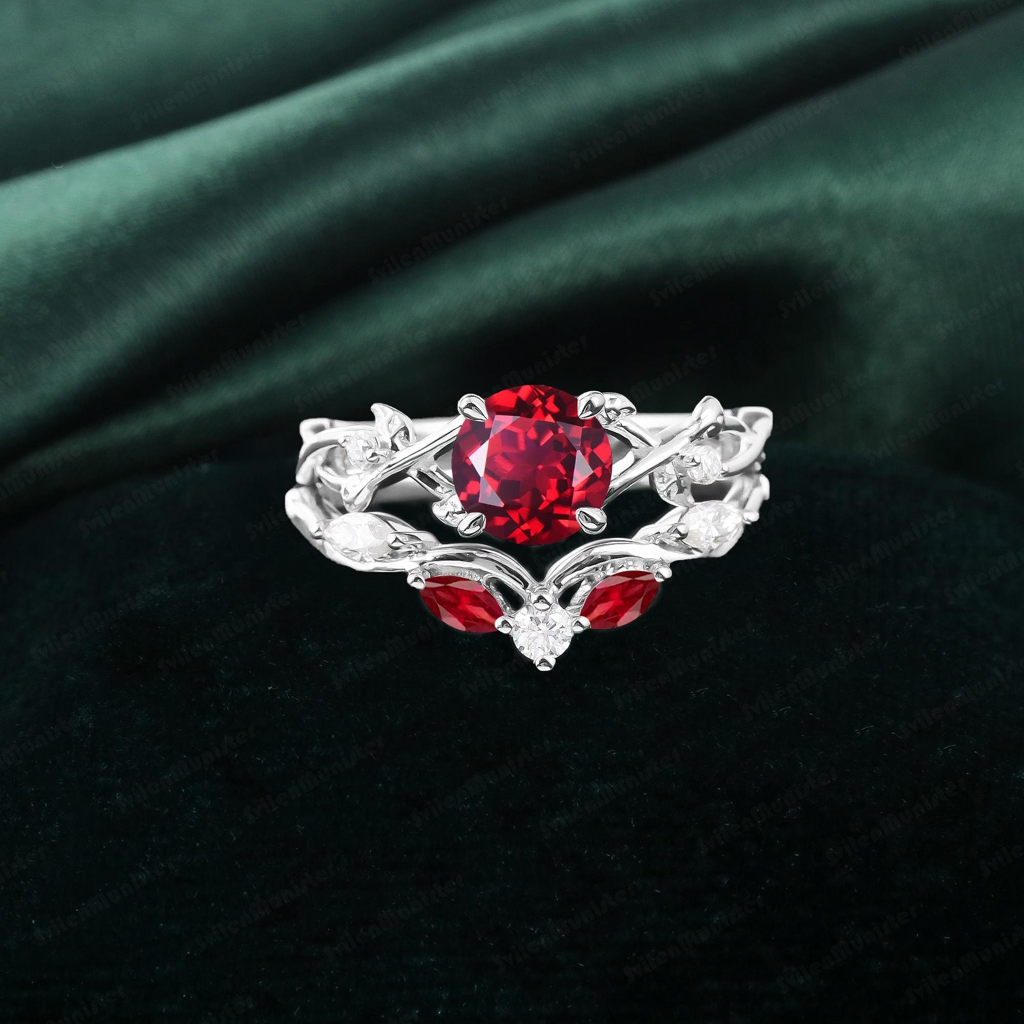 Unique Leaf Design Ruby Engagement Ring Sets Bridal Sets White Gold ...