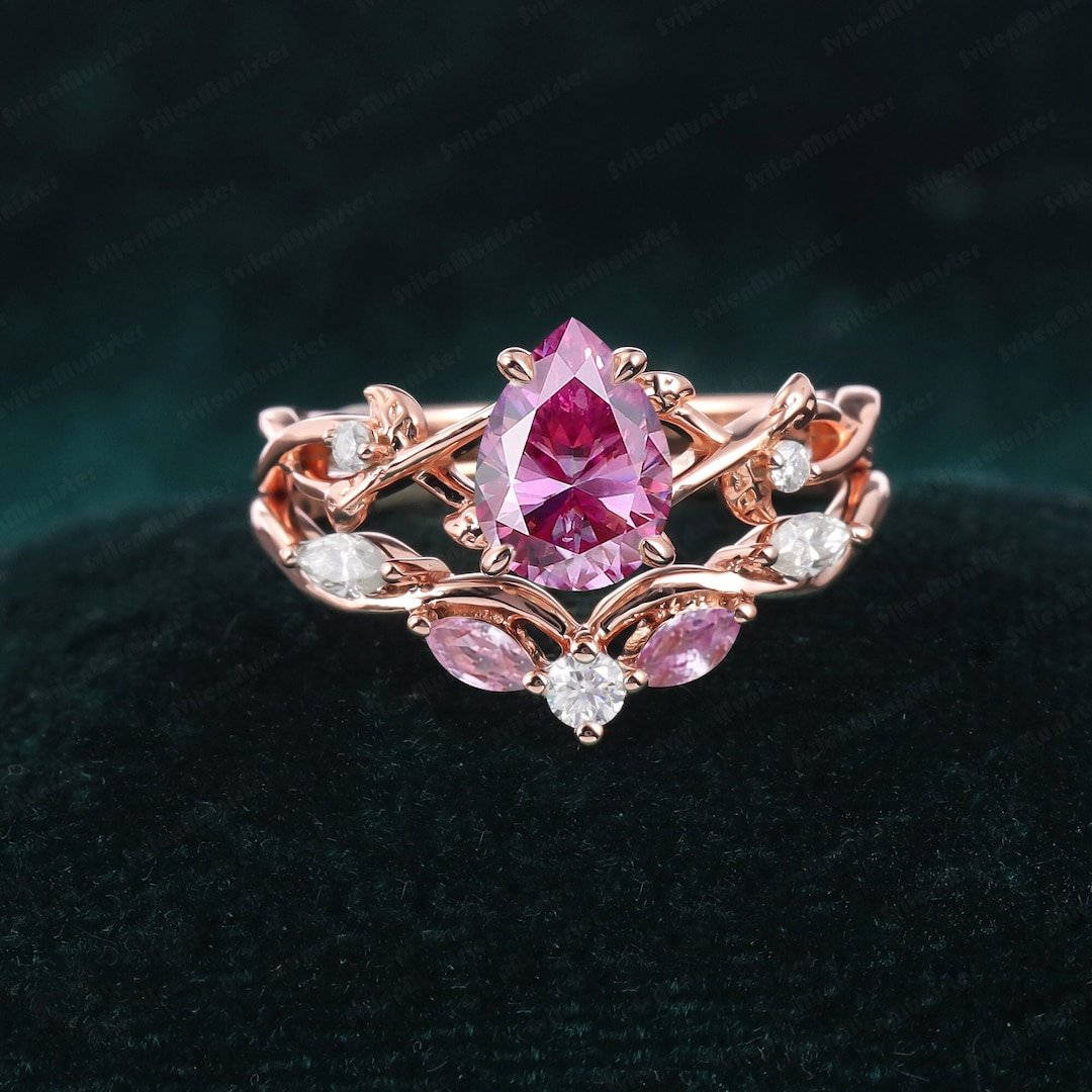 Unique Leaf Pear Pink Sapphire Engagement Ring Sets Bridal Ring Rose ...