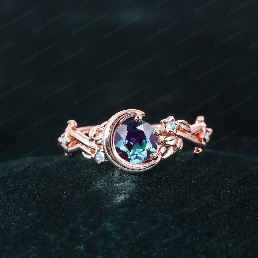 Alexandrite Moonstone Engagement Ring Moon Star Rose Gold Round June ...