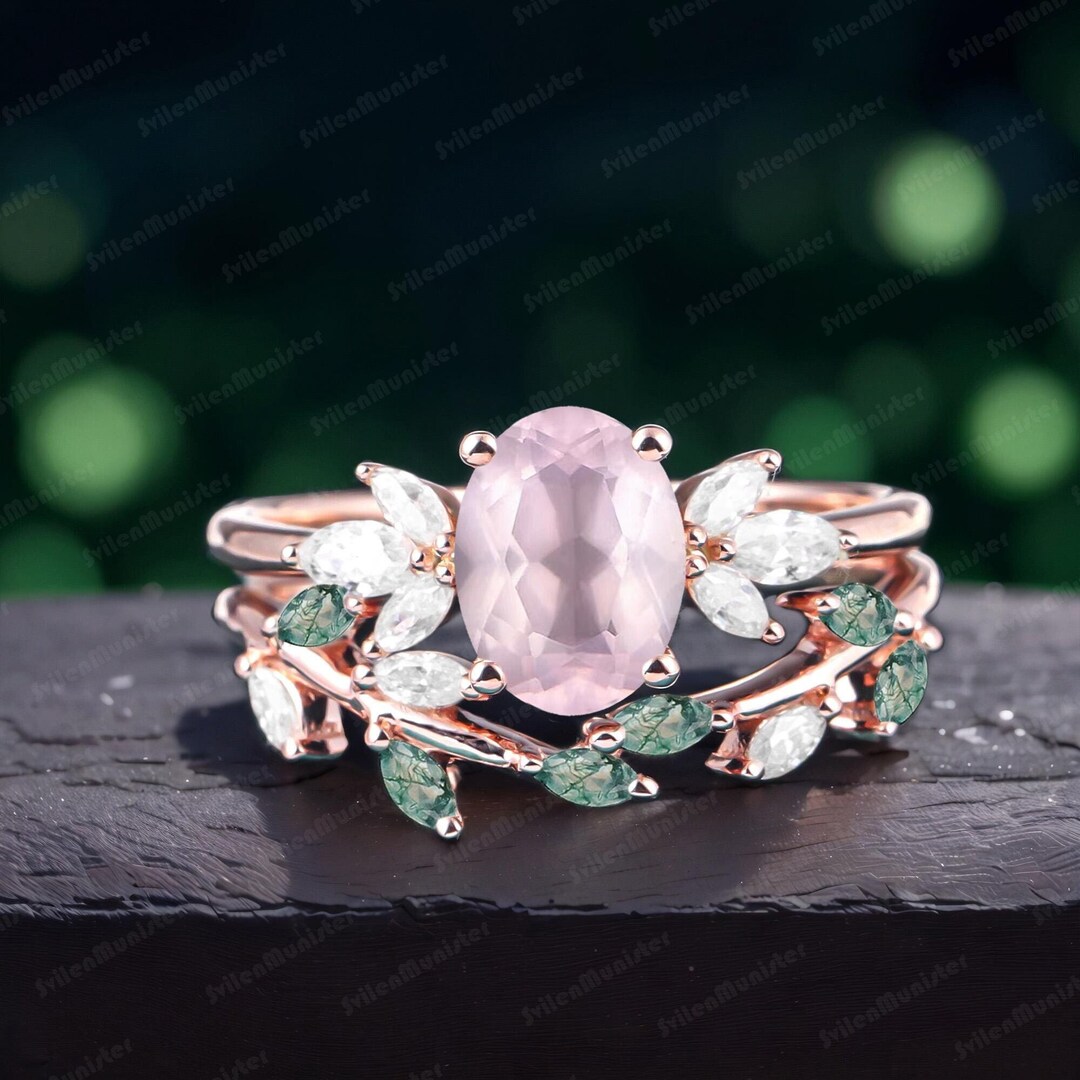 Vintage Oval Rose Quartz Engagement Ring Sets Unique Art Deco Ring ...