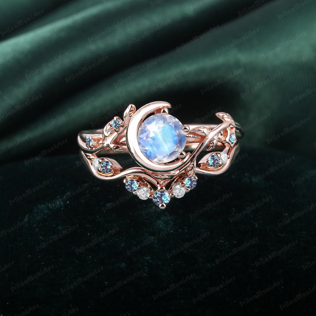 Natural Moonstone Engagement Ring Bridal Sets Art Deco Ring Moon Star ...