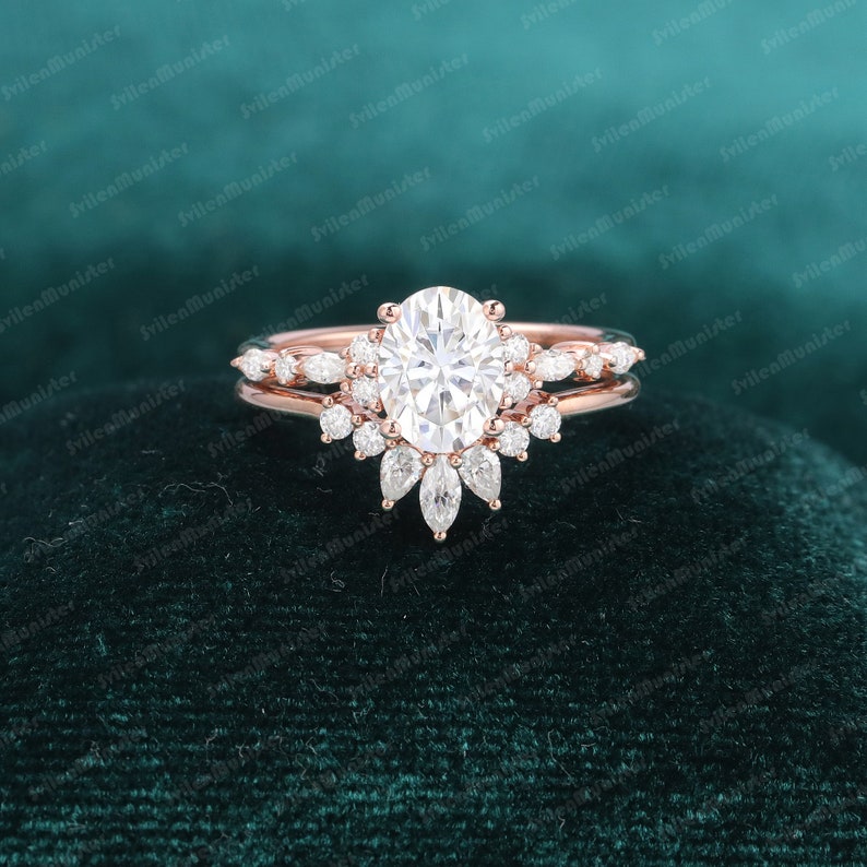 Oval Cut Moissanite Engagement Ring Set Rose Gold Unique - Etsy
