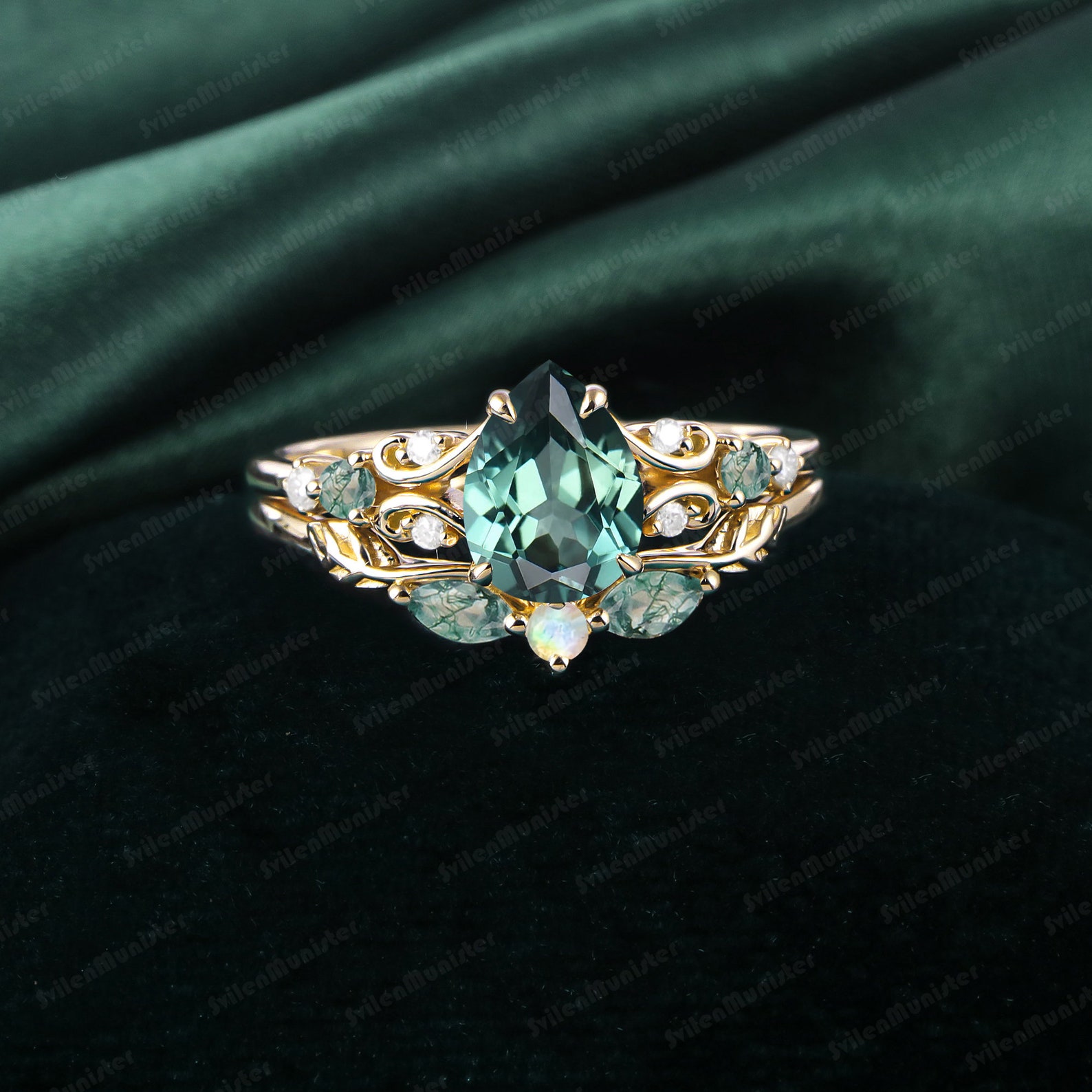 Pear Green Sapphire Engagement Ring Sets Bridal Sets Rose Gold Art Deco ...