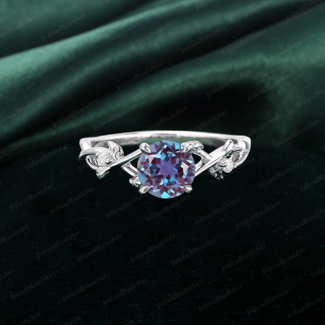 Unique Leaf Design Ring Alexandrite Engagement Ring 925 Silver Ring ...
