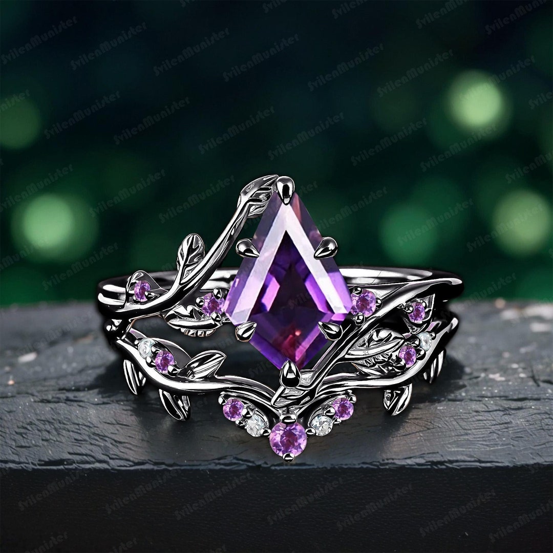 Gothic Black Gold Kite Cut Amethyst Engagement Ring Sets Bridal Sets ...