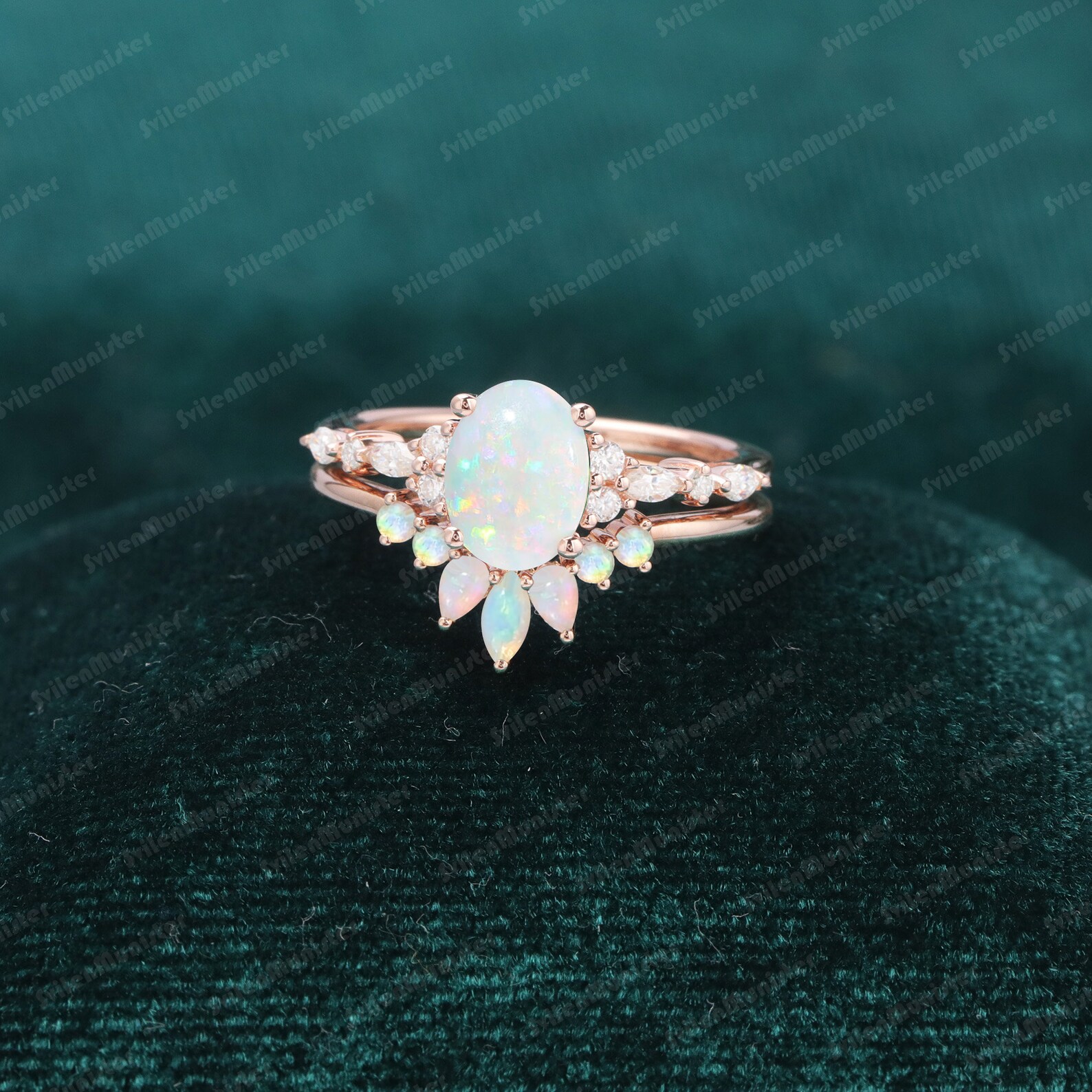 Vintage Oval Natural Opal Engagement Ring Set Wedding Ring Set - Etsy