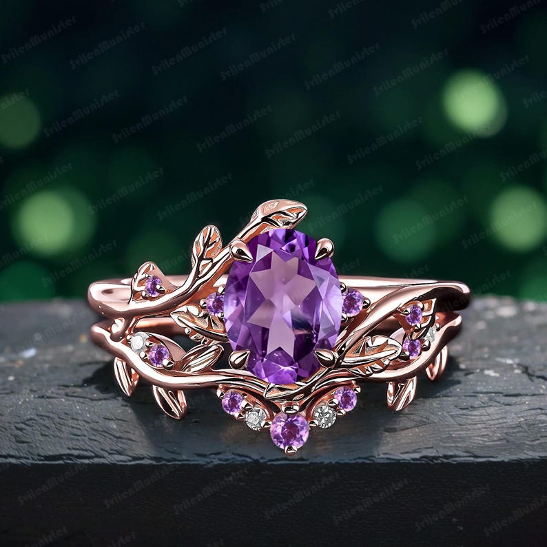 Gothic Black Gold Oval Cut Amethyst Engagement Ring Bridal Ring Nature ...