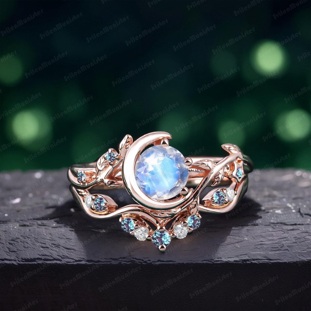 Natural Moonstone Engagement Ring Bridal Sets Art Deco Ring Moon Star ...