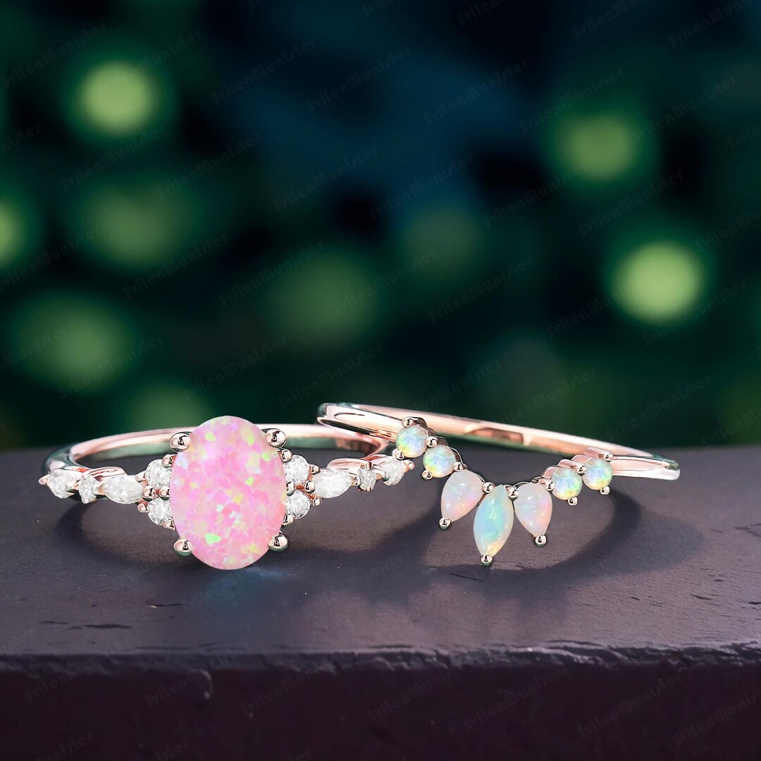 Vintage Oval Pink Fire Opal Engagement Ring Set Wedding Ring Set Rose ...