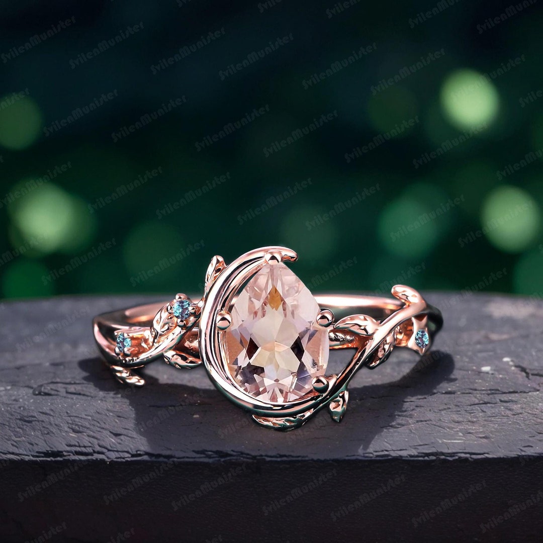 Pear Cut Art Deco Ring Morganite Engagement Ring Bridal Ring Moon Star Rose Gold Vintage Nature ...