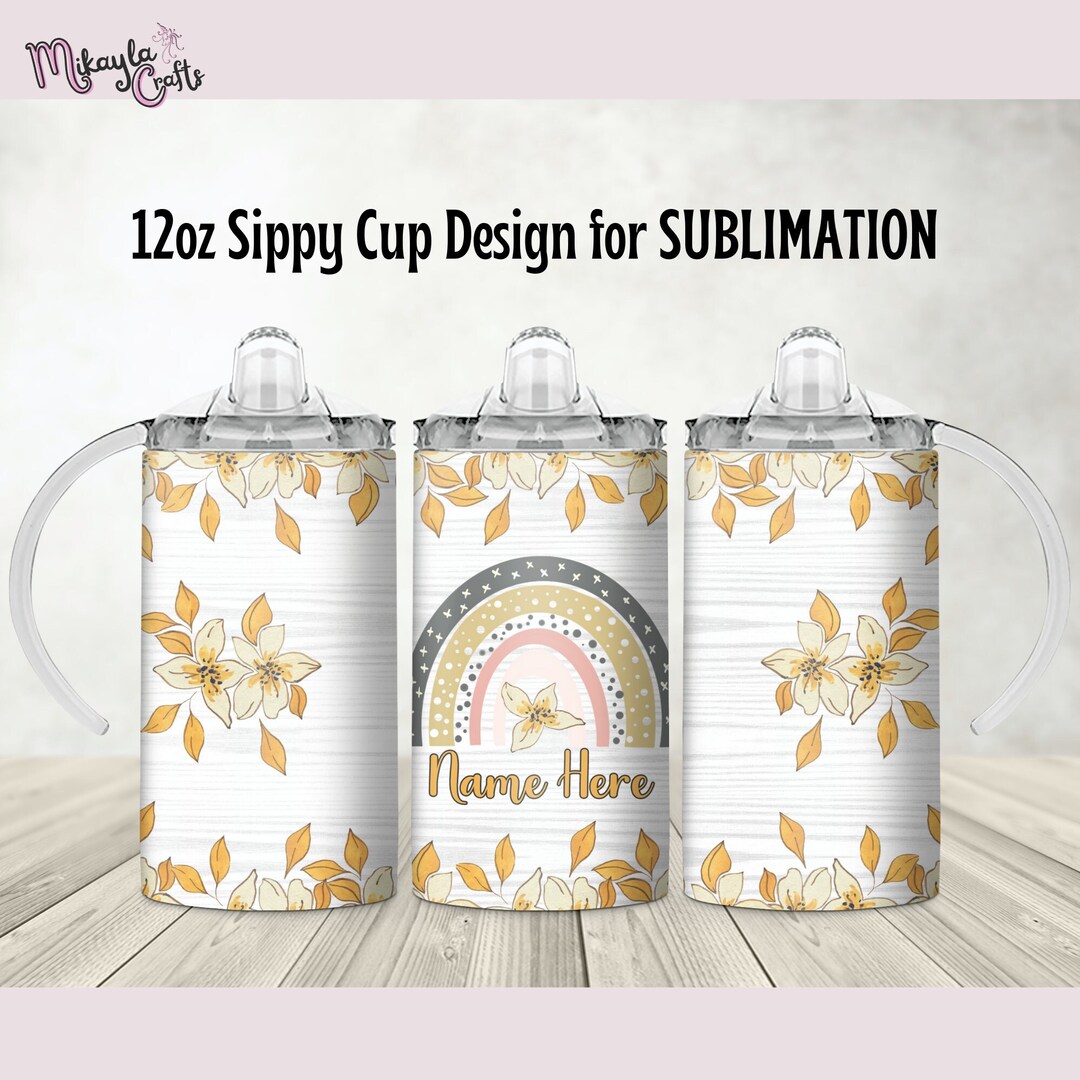 12oz Sippy Cup Template, Yellow Floral Pastel Rainbow, Sublimation ...