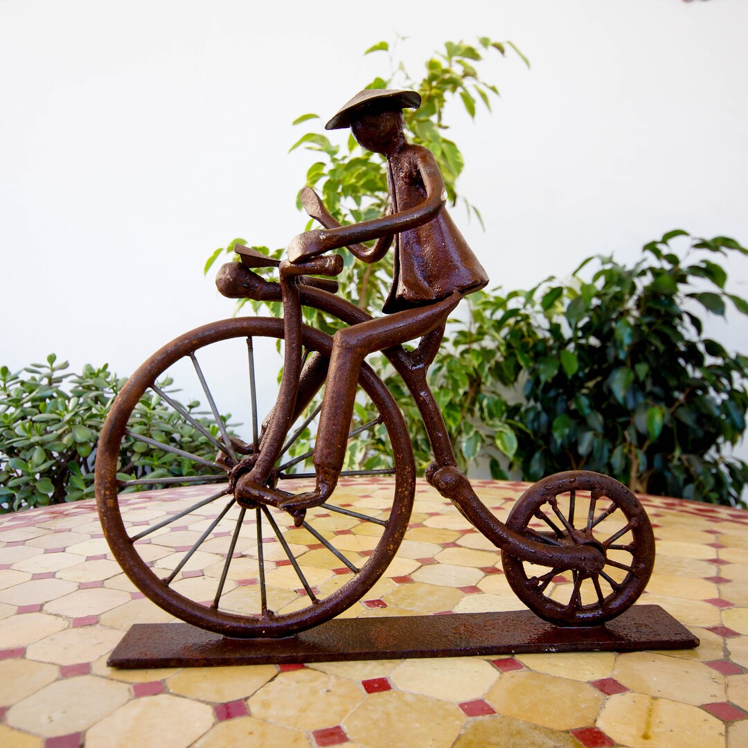Vintage Handcrafted Metal Cyclist Sculpture: Unique Retro Art Gift for ...