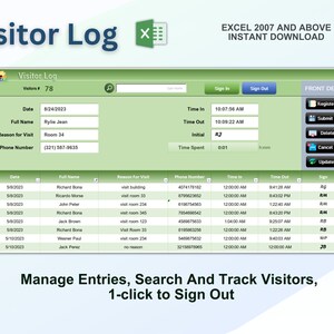 Printable Visitor Log Sheet: Excel Tracker Template (instant Download ...