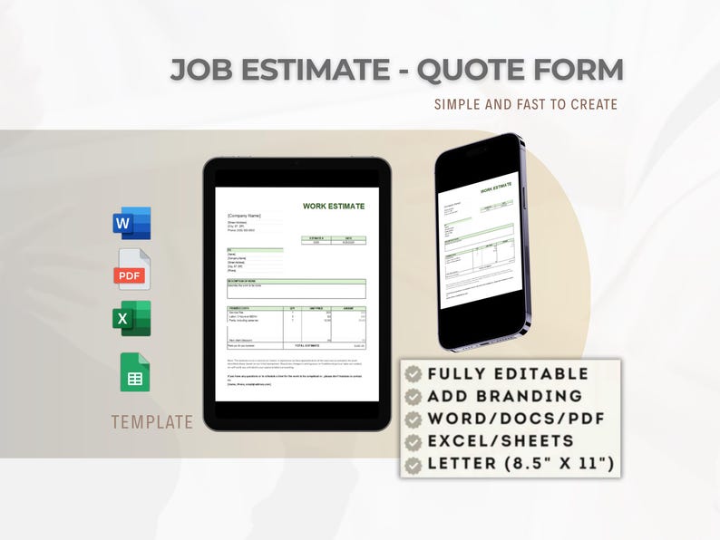 Editable Job Estimate Template: Customizable Quote Form (PDF, Word ...