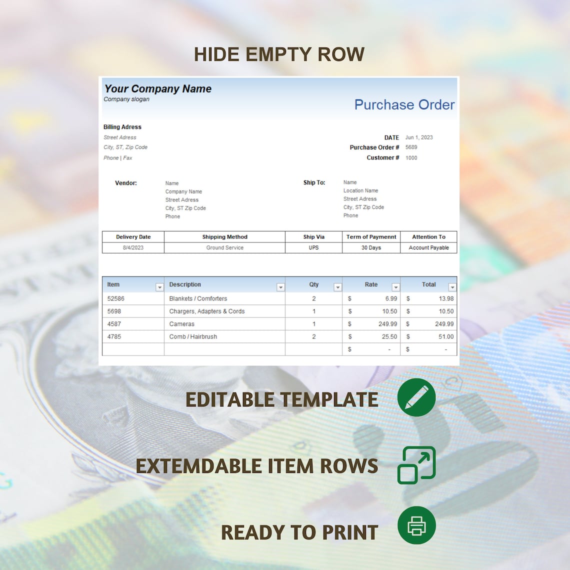 Editable Purchase Order Template: Small Business P.O. Excel (digital ...