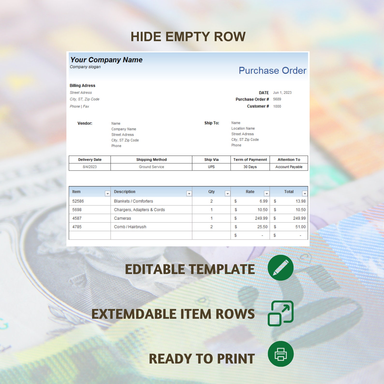 Editable Purchase Order Template: Small Business P.O. Excel (digital ...
