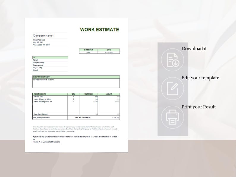 Editable Job Estimate Template: Customizable Quote Form (PDF, Word ...