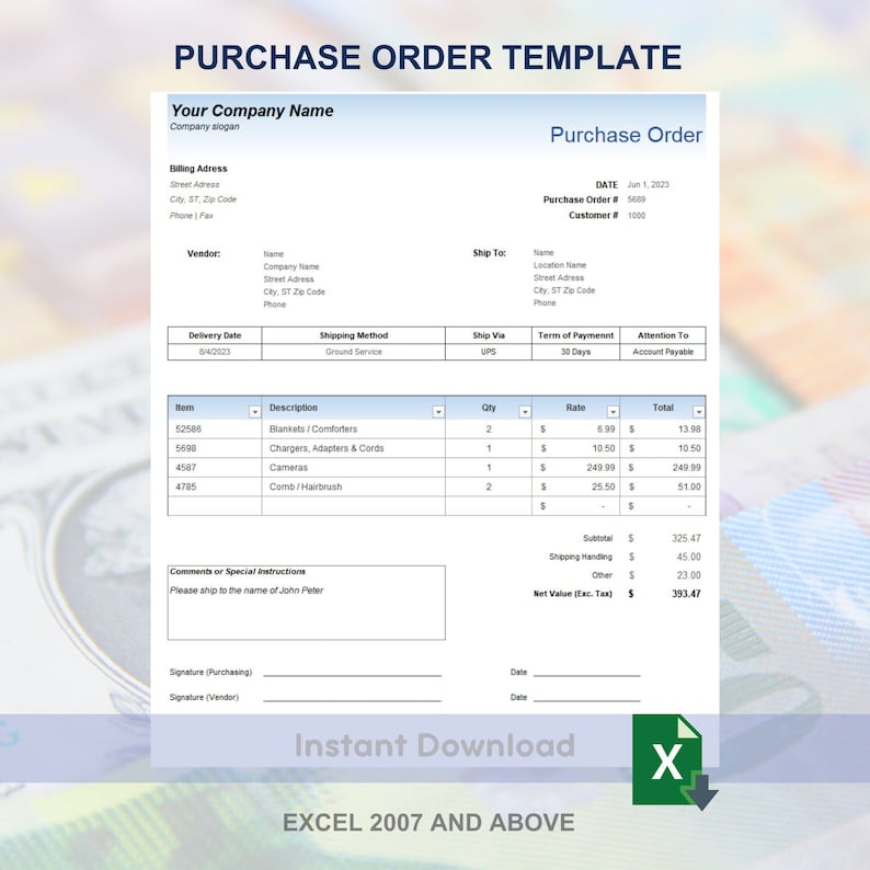 Editable Purchase Order Template Small Business Spreadsheet Order ...
