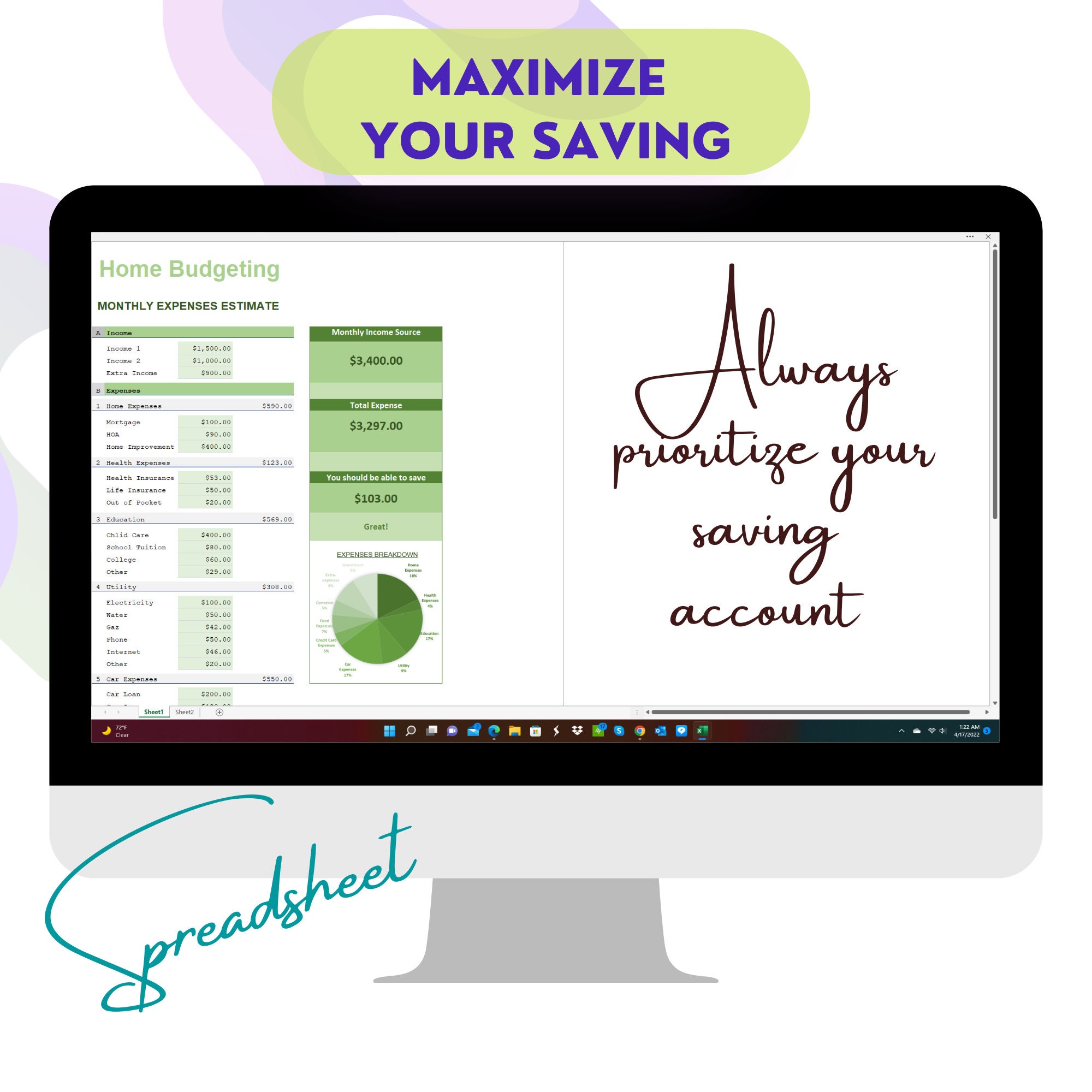 Home Budget Planner Spreadsheet, Expenses Control Tracker, Excel Budget ...