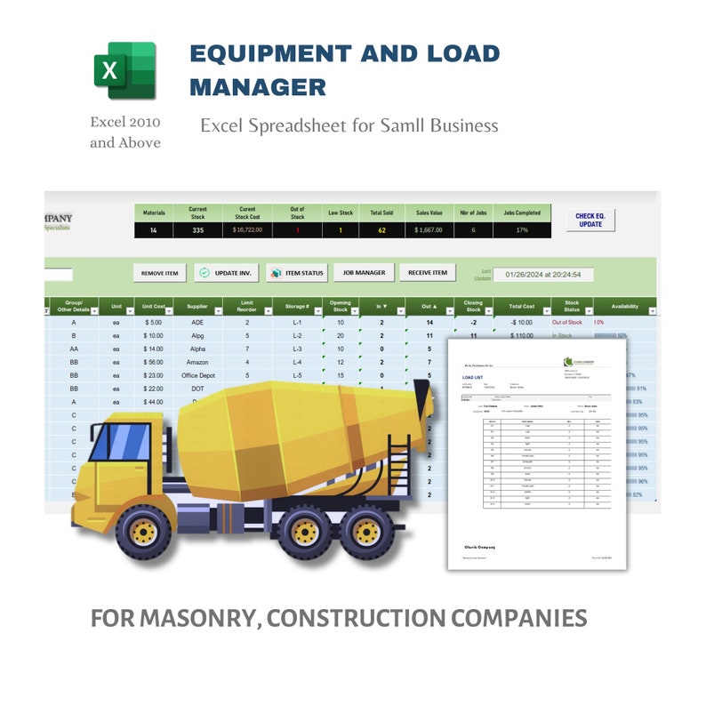 Equipment Manager, Excel Inventory Tracker, Load Manager for Masonry ...