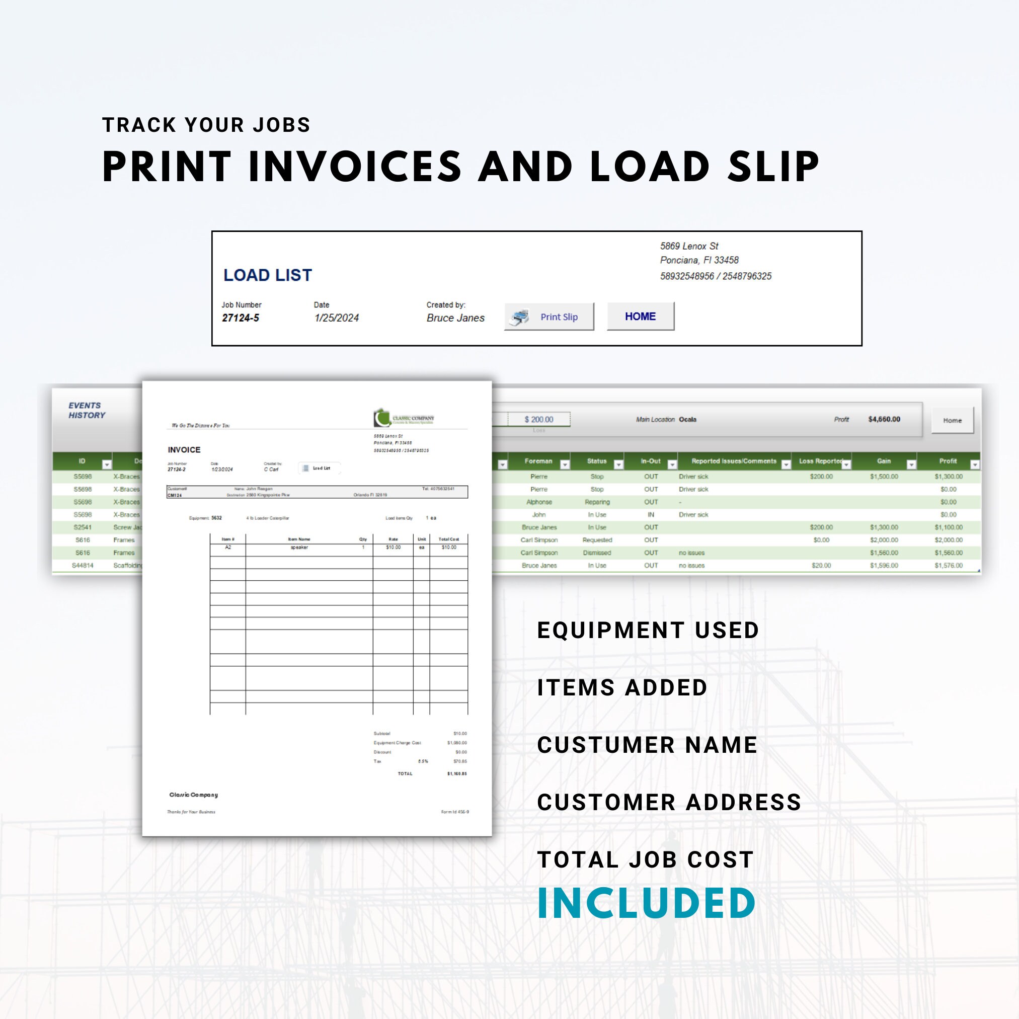 Equipment Manager, Excel Inventory Tracker, Load Manager for Masonry and Equipment Rent, Small ...