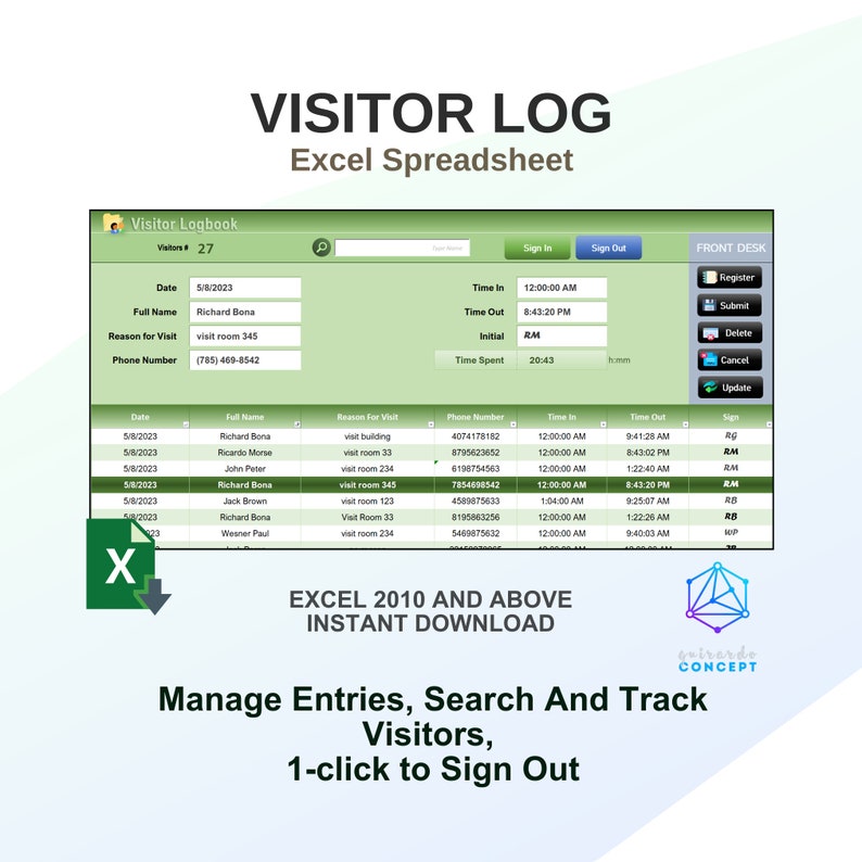 Printable Visitor Log Sheet: Excel Tracker Template (instant Download ...