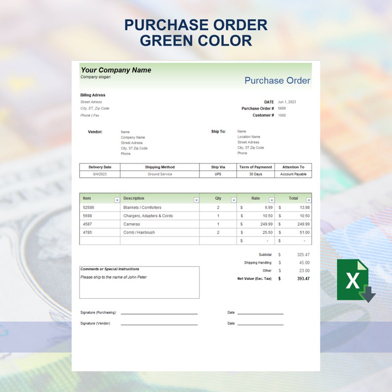 Editable Purchase Order Template: Small Business P.O. Excel (digital ...