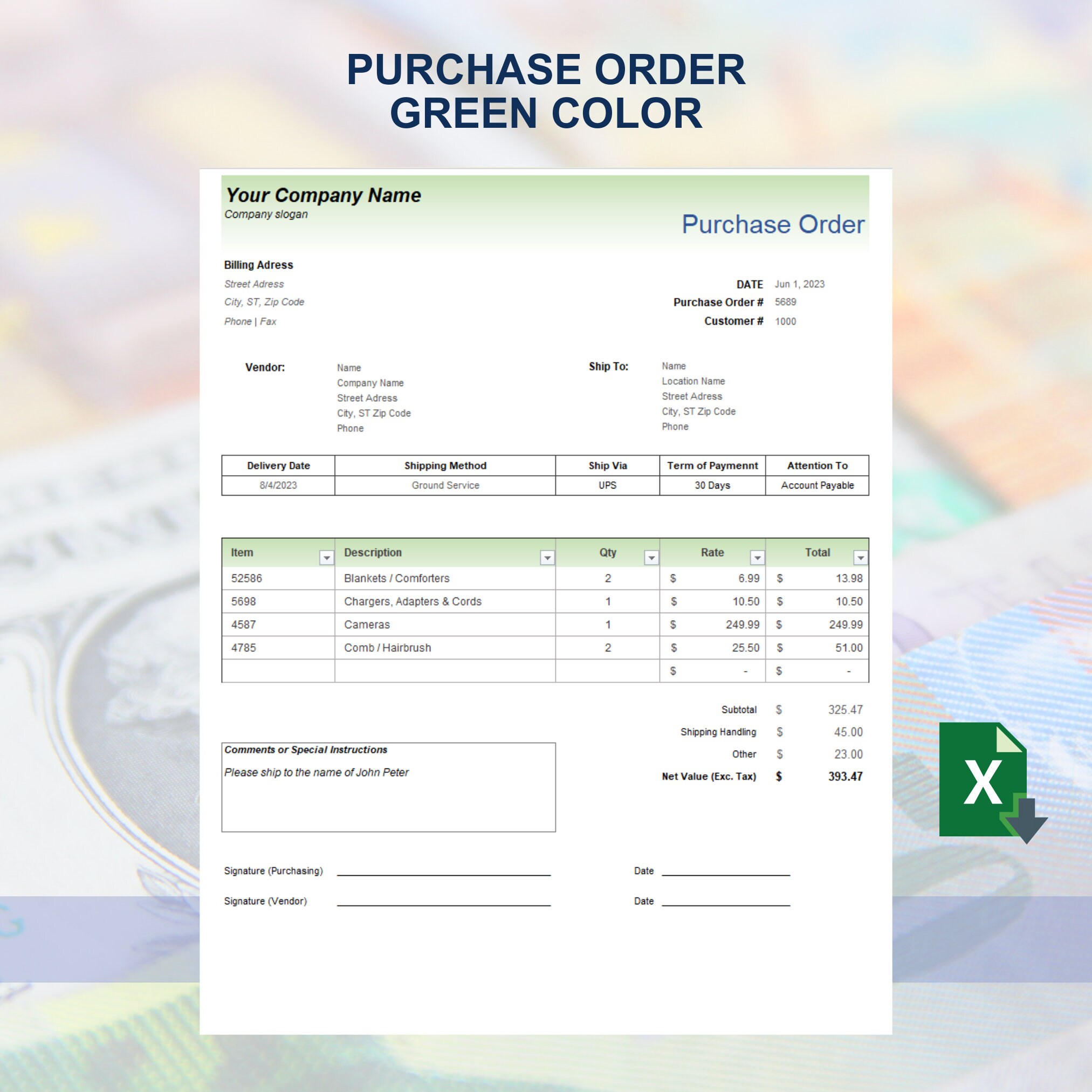 Editable Purchase Order Template: Small Business P.O. Excel (digital ...