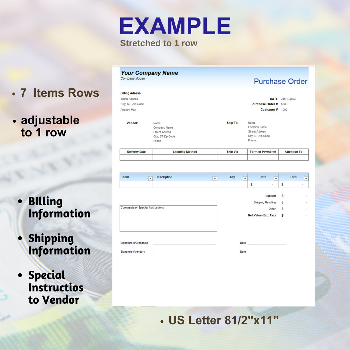 Editable Purchase Order Template: Small Business P.O. Excel (digital ...