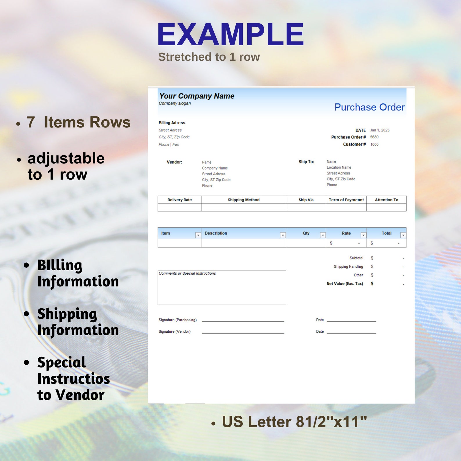 Editable Purchase Order Template: Small Business P.O. Excel (digital ...