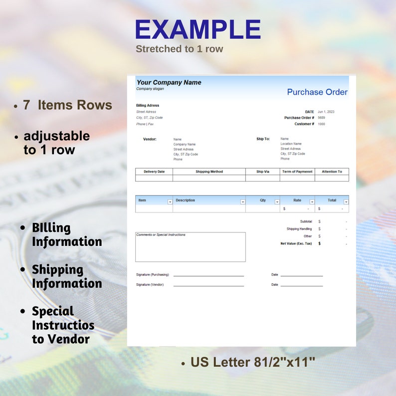 Editable Purchase Order Template: Small Business P.O. Excel (digital ...