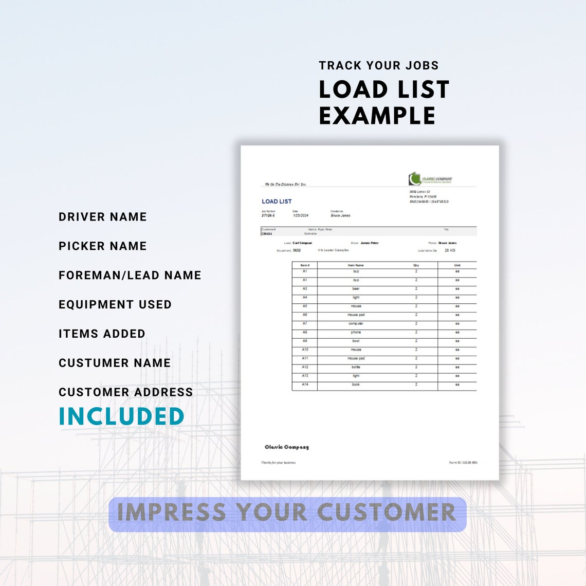 Equipment Manager, Excel Inventory Tracker, Load Manager for Masonry and Equipment Rent, Small ...