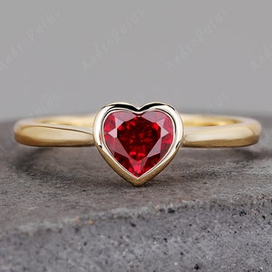 Heart Shape Lab Created Ruby Engagement Ring 18K Yellow Gold Unique Ring Red Gemstone Ring ...