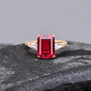 Emerald Cut Lab Created Ruby Engagement Ring for Women, Wedding Ring ...