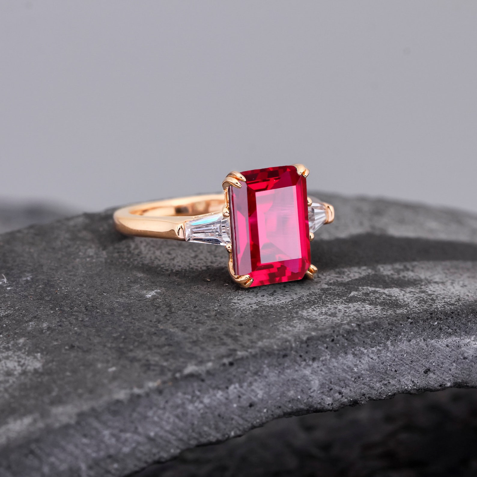 Emerald Cut Lab Created Ruby Engagement Ring for Women, Wedding Ring ...