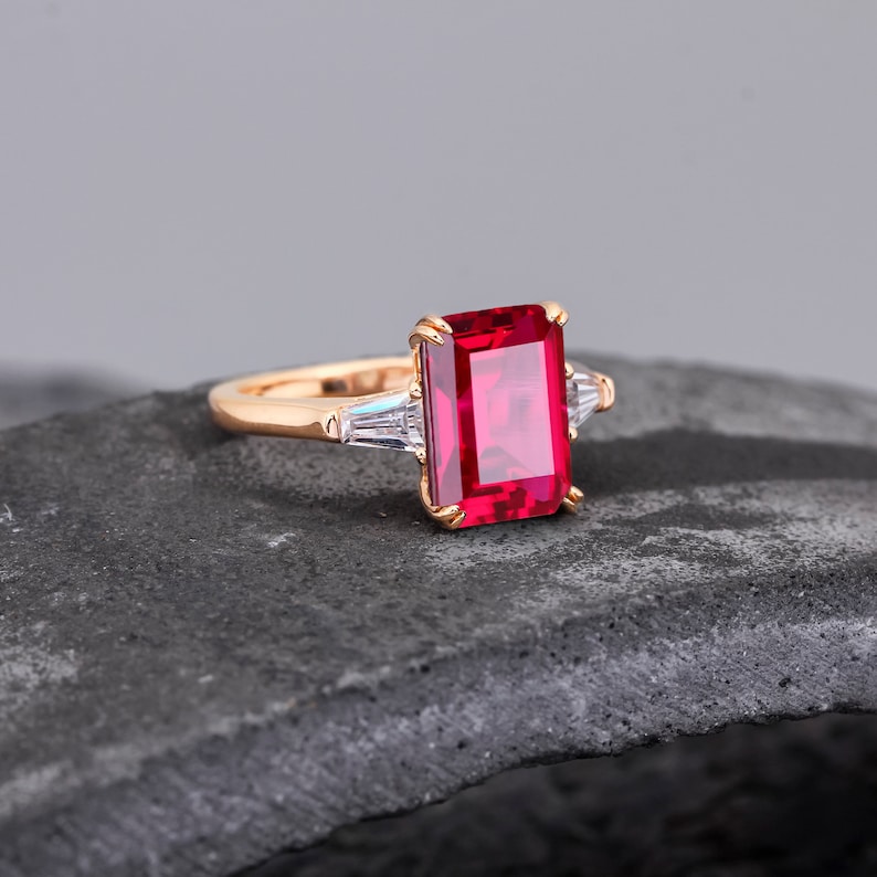 Emerald Cut Lab Created Ruby Engagement Ring for Women, Wedding Ring, Red Gemstone Ring ...